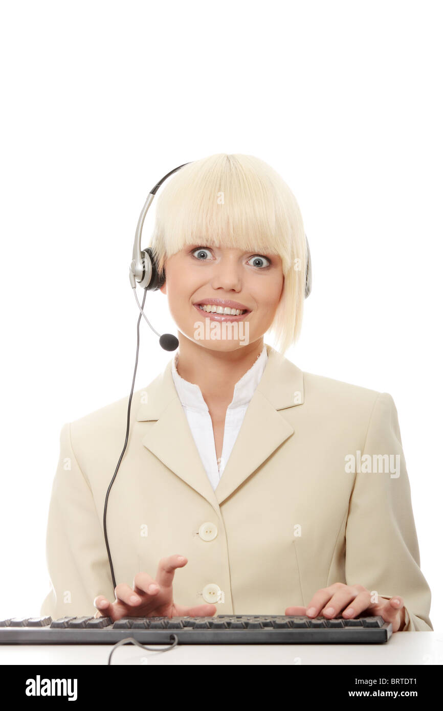 Call center woman with headset. Beautiful smiling caucasian woman ...