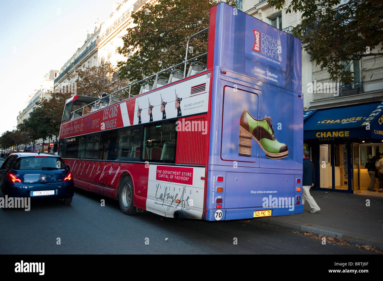 Paris, France, Red Double Decker Tour Bus on Street, From Rear, Showing ...