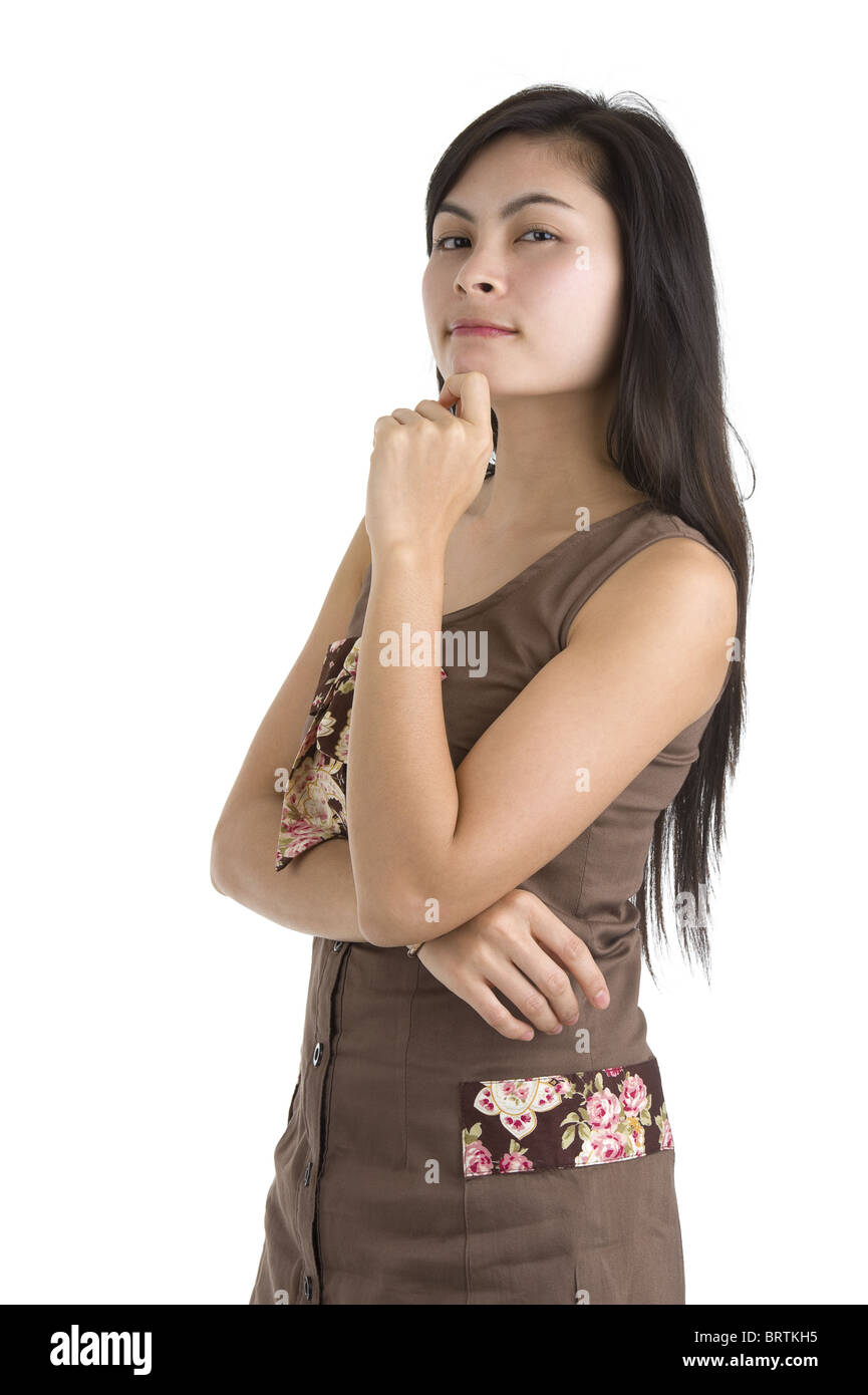 young asian woman thinking of something, isolated on white background ...