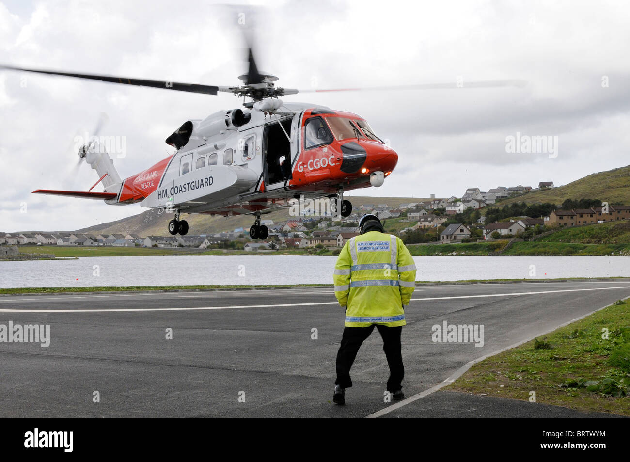 Oscar Charlie rescue helicopter landing at Clickimin landing site ...