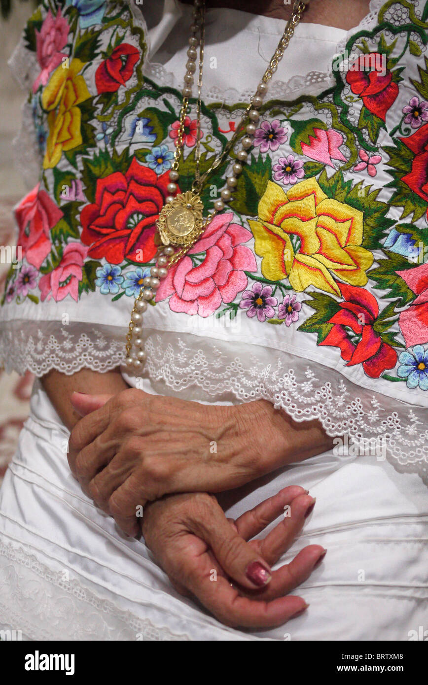 MEXICO Detail of Yucatan style ladies blouse with embroidery, Merida ...