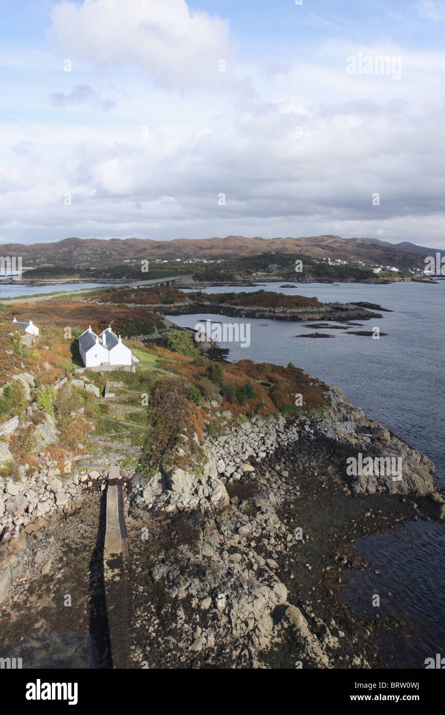 elevated view of lighthouse cottages Eilean Ban island Scotland October ...