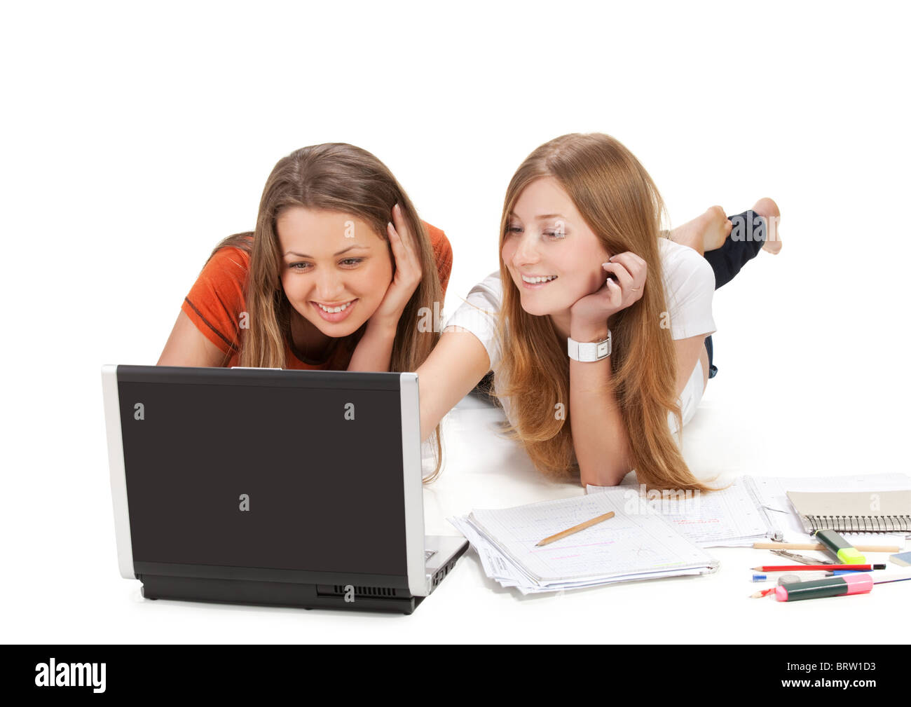 two young happy student girl work on laptop computer Stock Photo - Alamy