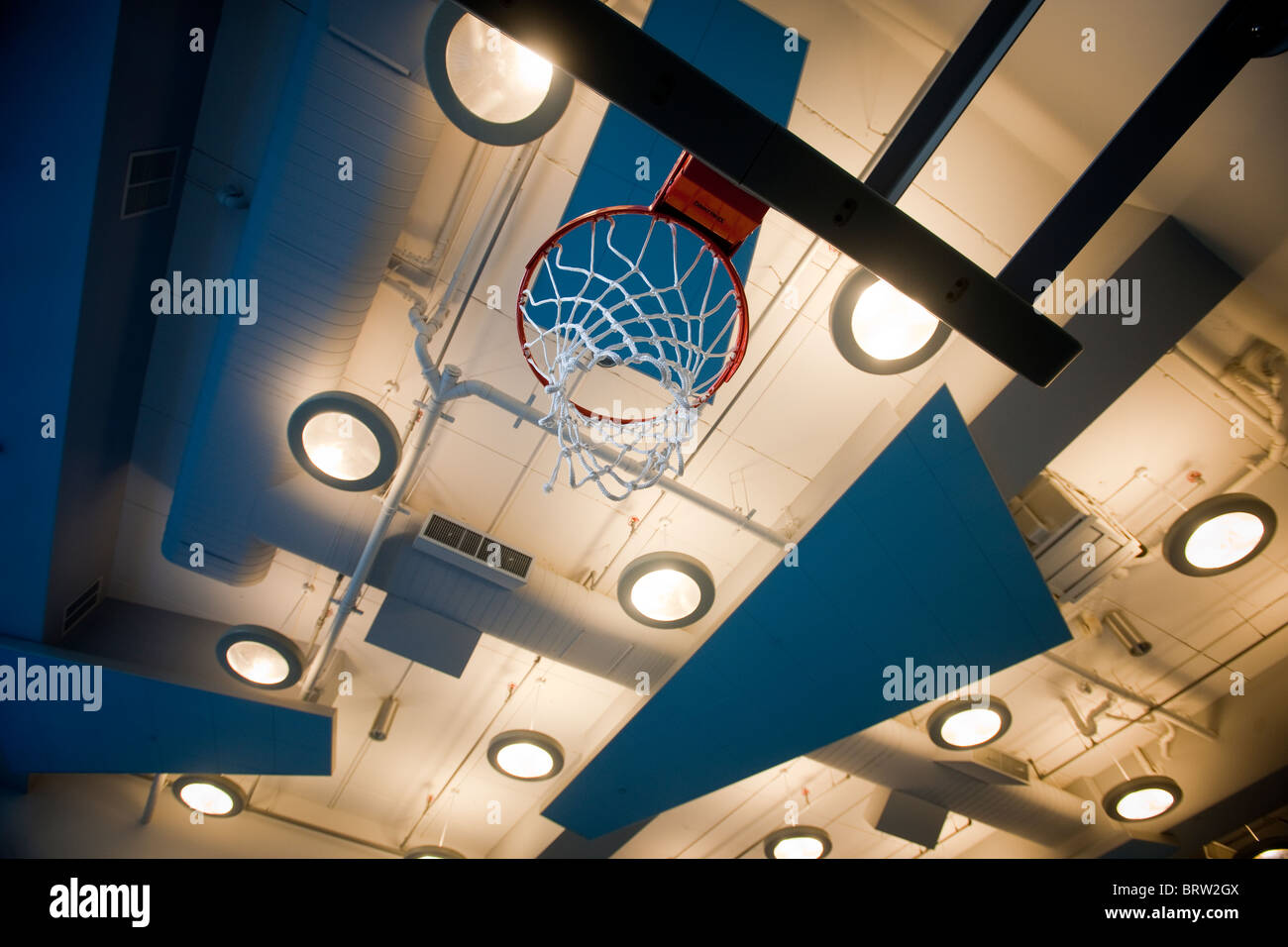 Basketball hoop in school gym in New York seen on October 9, 2010 ...