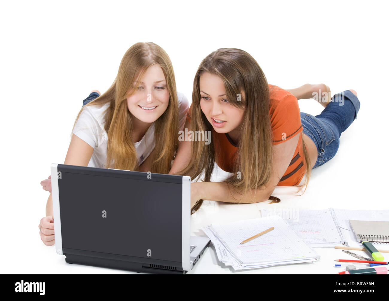 two young happy student girl work on laptop computer Stock Photo - Alamy