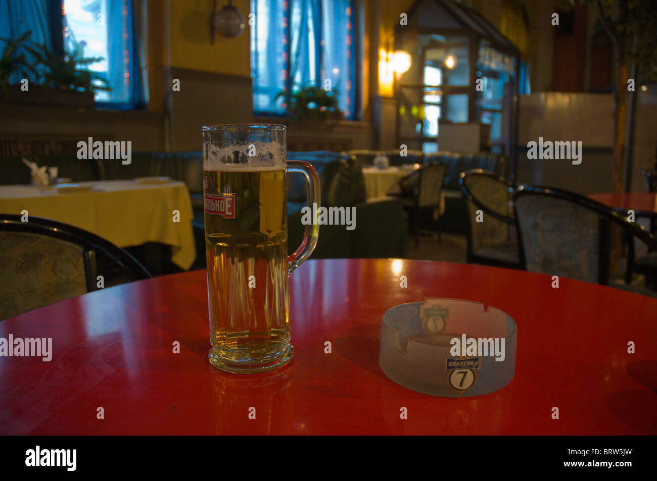 Glass of Baltika beer in the station restaurant of Belarus station in ...