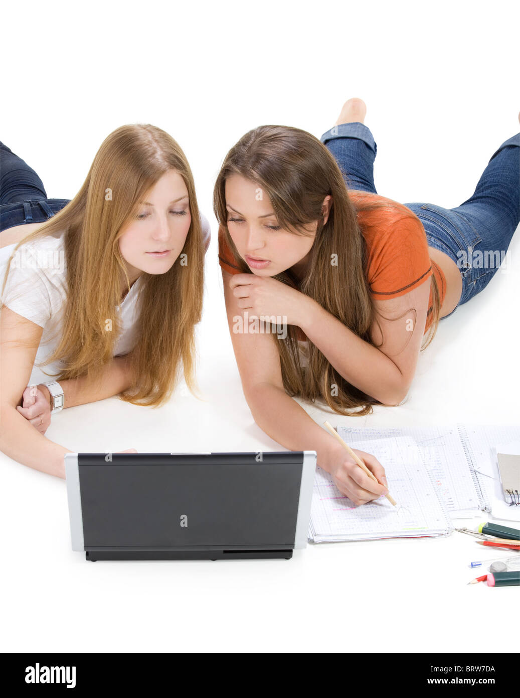 two young happy student girl work on laptop computer Stock Photo - Alamy