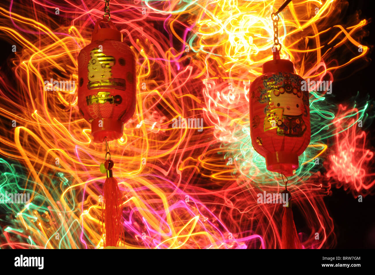Chinese new year celebrations with lantern and bright swirling colorful ...