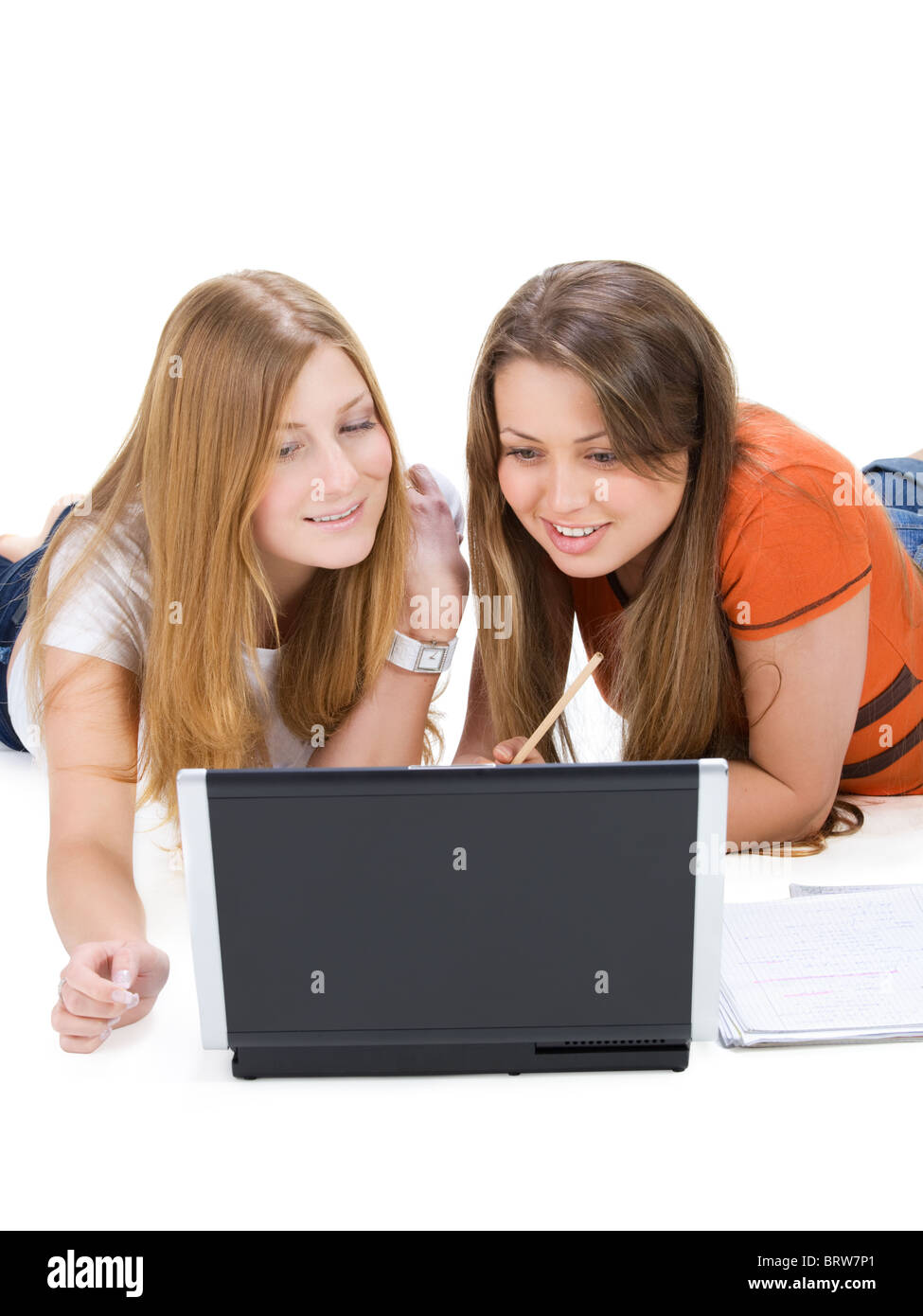 two young happy student girl work on laptop computer Stock Photo - Alamy