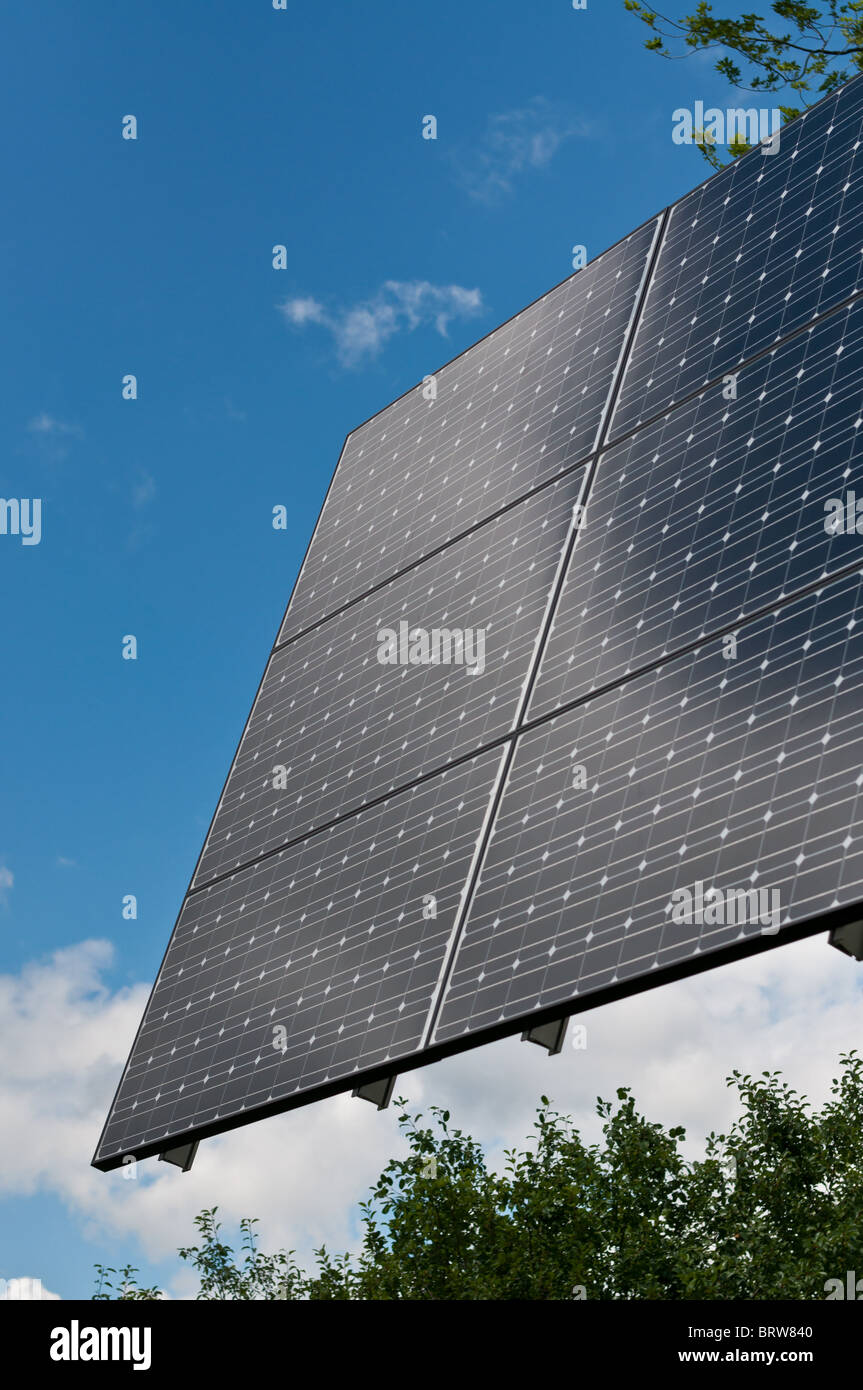 A photovoltaic solar panel array with a blue sky and green leaves in ...