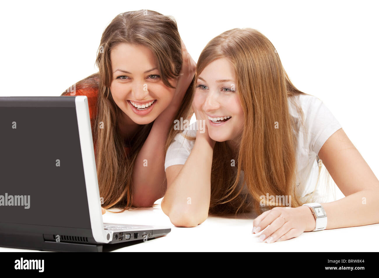 two young happy student girl work on laptop computer Stock Photo - Alamy