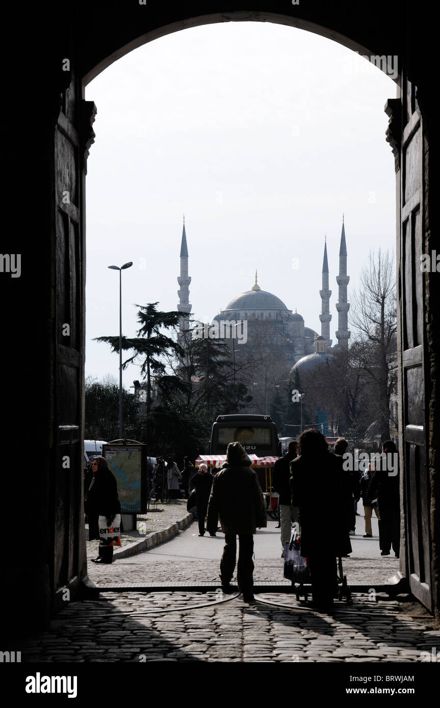 view of the blue mosque from the main entrance gate to the Topkapı ...