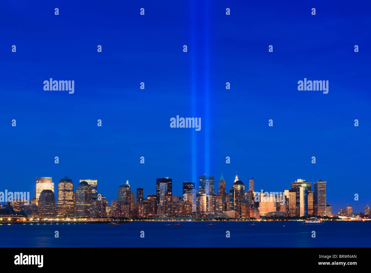 09/11 - Tribute in Light. Manhattan Skyline with lights beams on at the ...