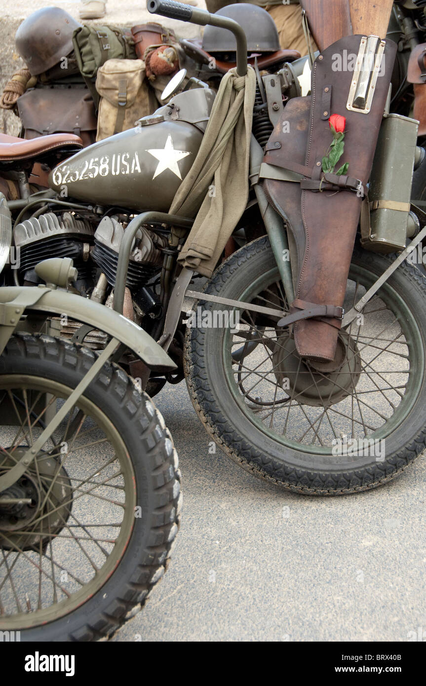 France, Normandy, Arromanches. Vintage military motorcycles on famous ...