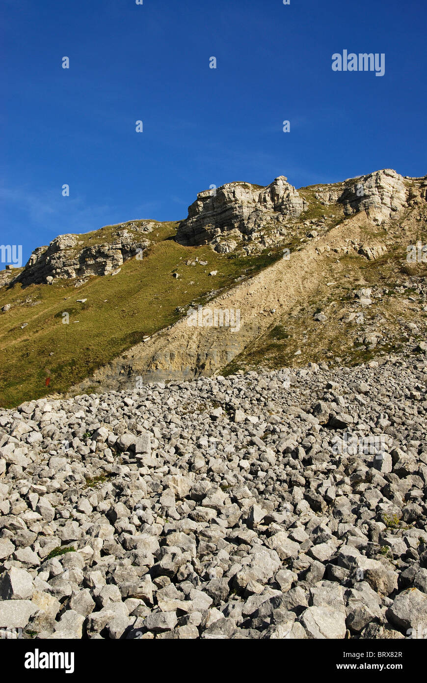 A steep stone cliff on Portland showing scree and stone outcrops ...