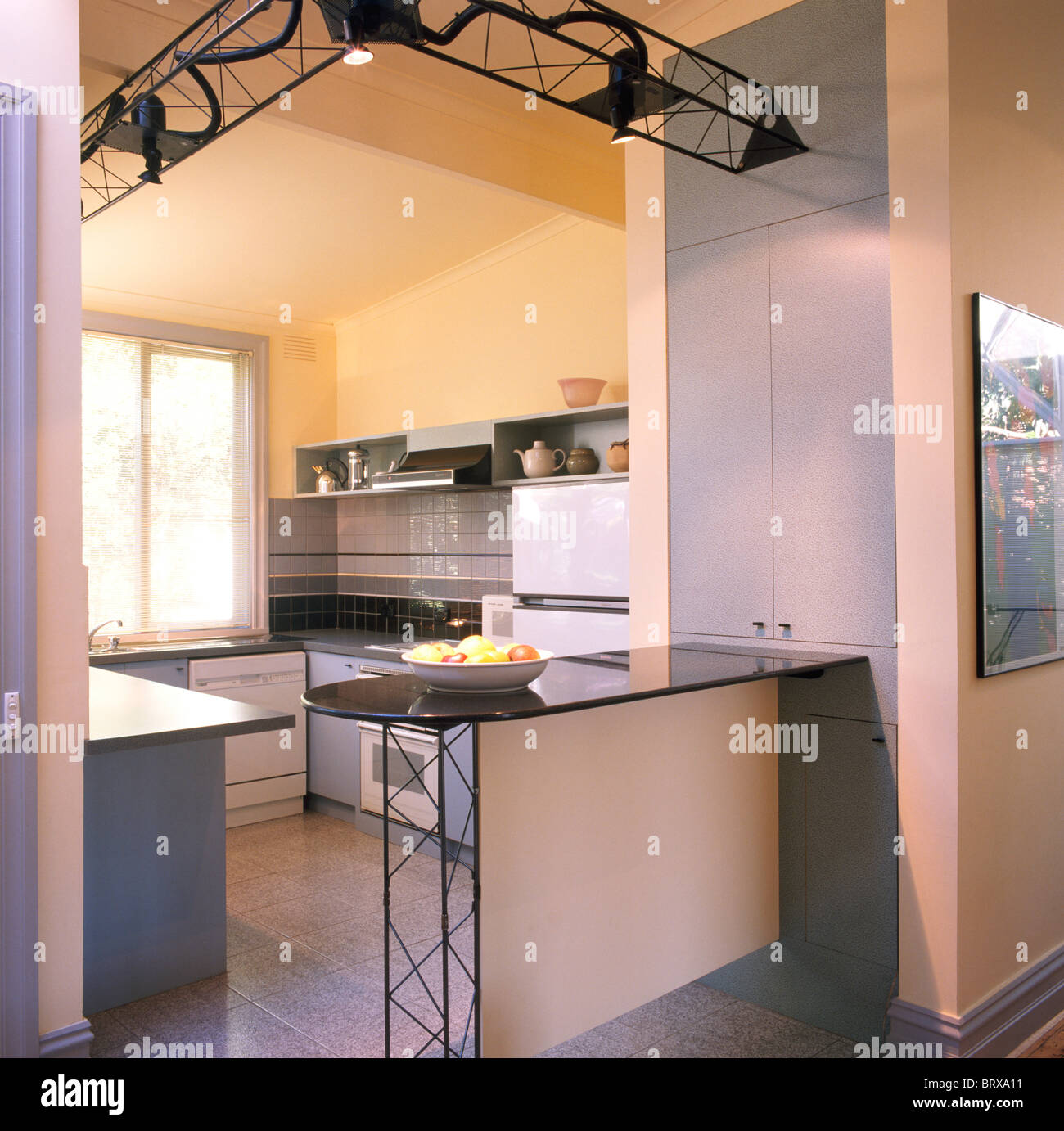 Lighting on black metal track in modern kitchen with granite-topped ...