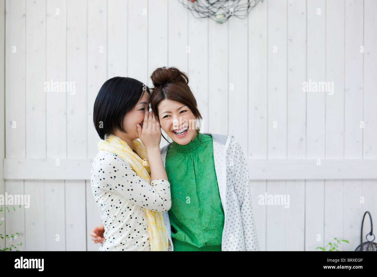 Two laughing young women whispering hi-res stock photography and images ...