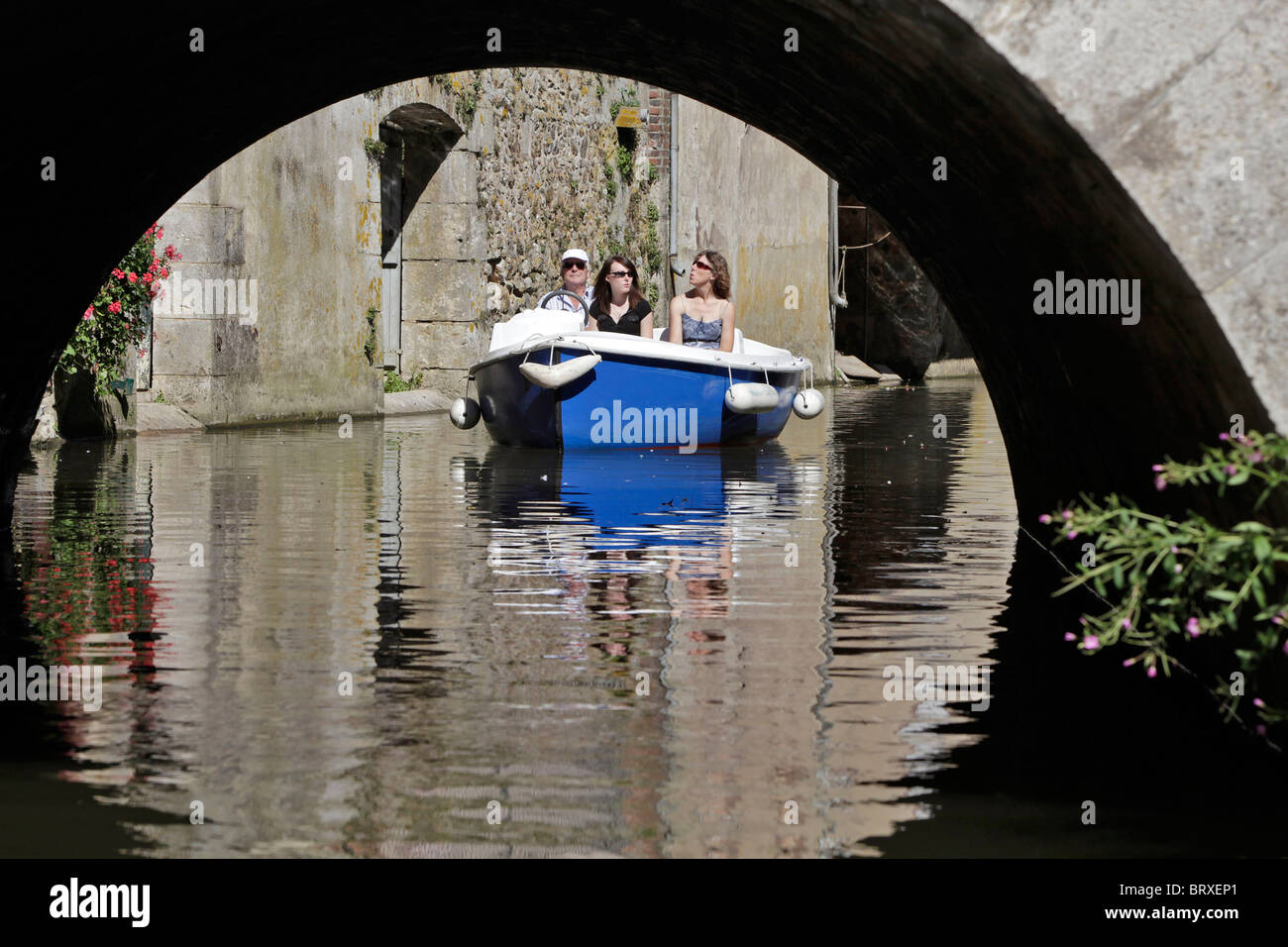 ELECTRIC BOATS ON THE MOAT AND MEDIEVAL BRIDGE, BONNEVAL, EURE-ET-LOIR ...
