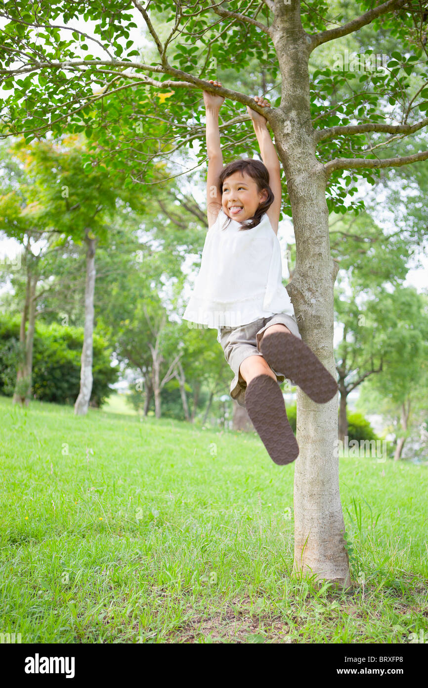 Girl Hanging From Tree Branch Stock Photo - Alamy