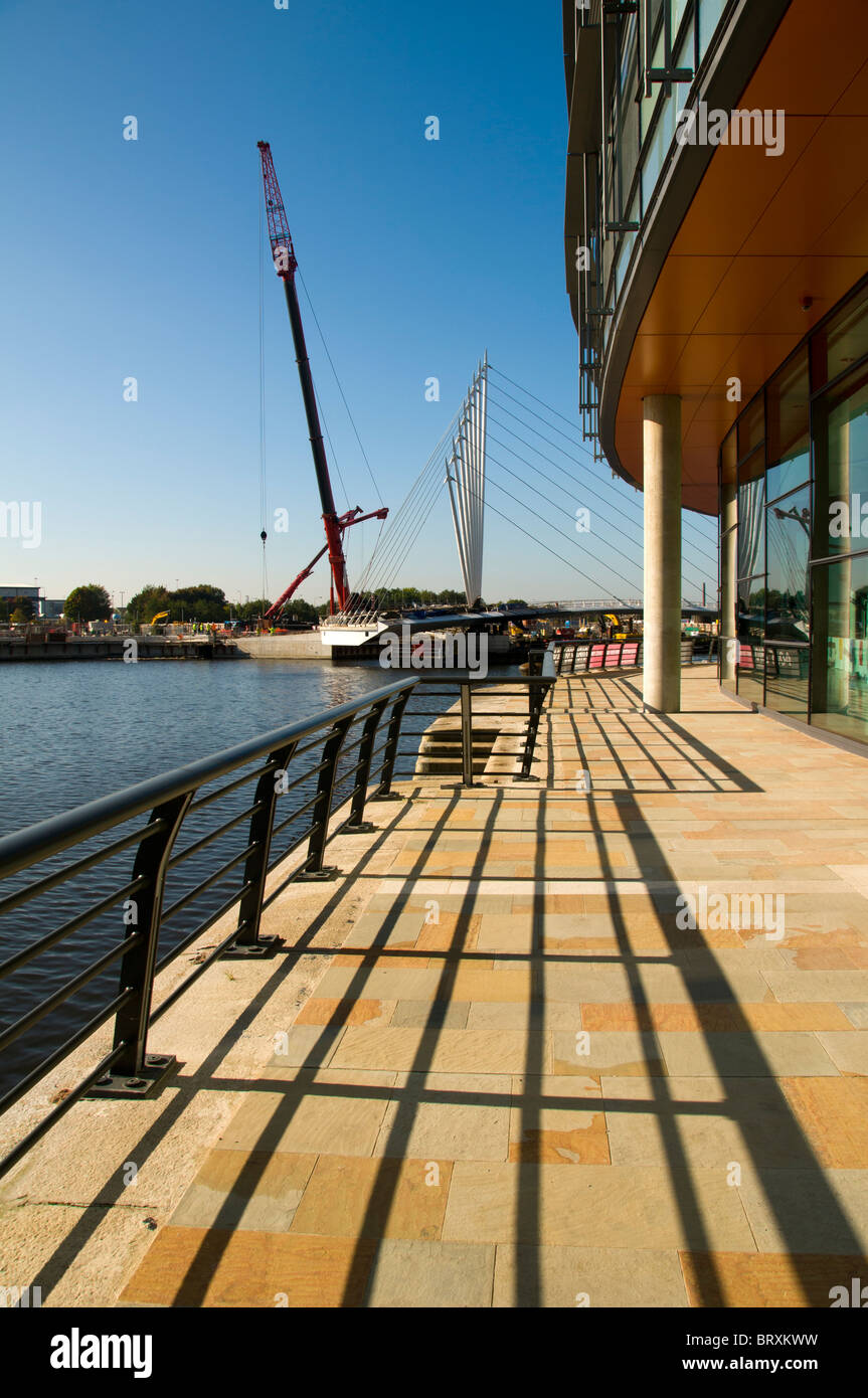 New swing footbridge under construction, from beside the BBC Quay House ...