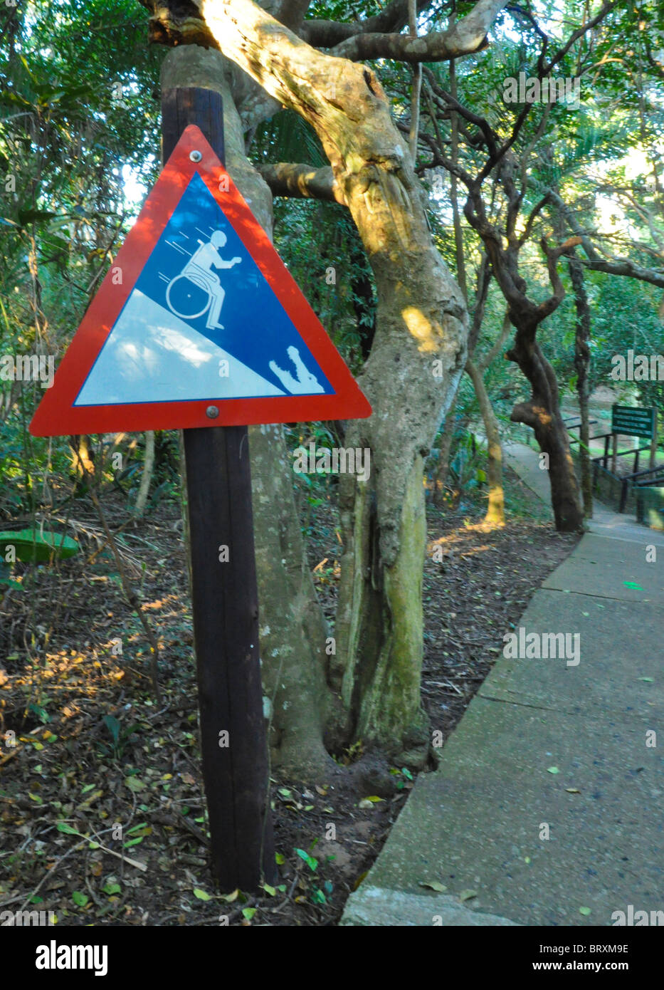 Humorous wheelchair on a slope and crocodile warning sign, South Africa ...