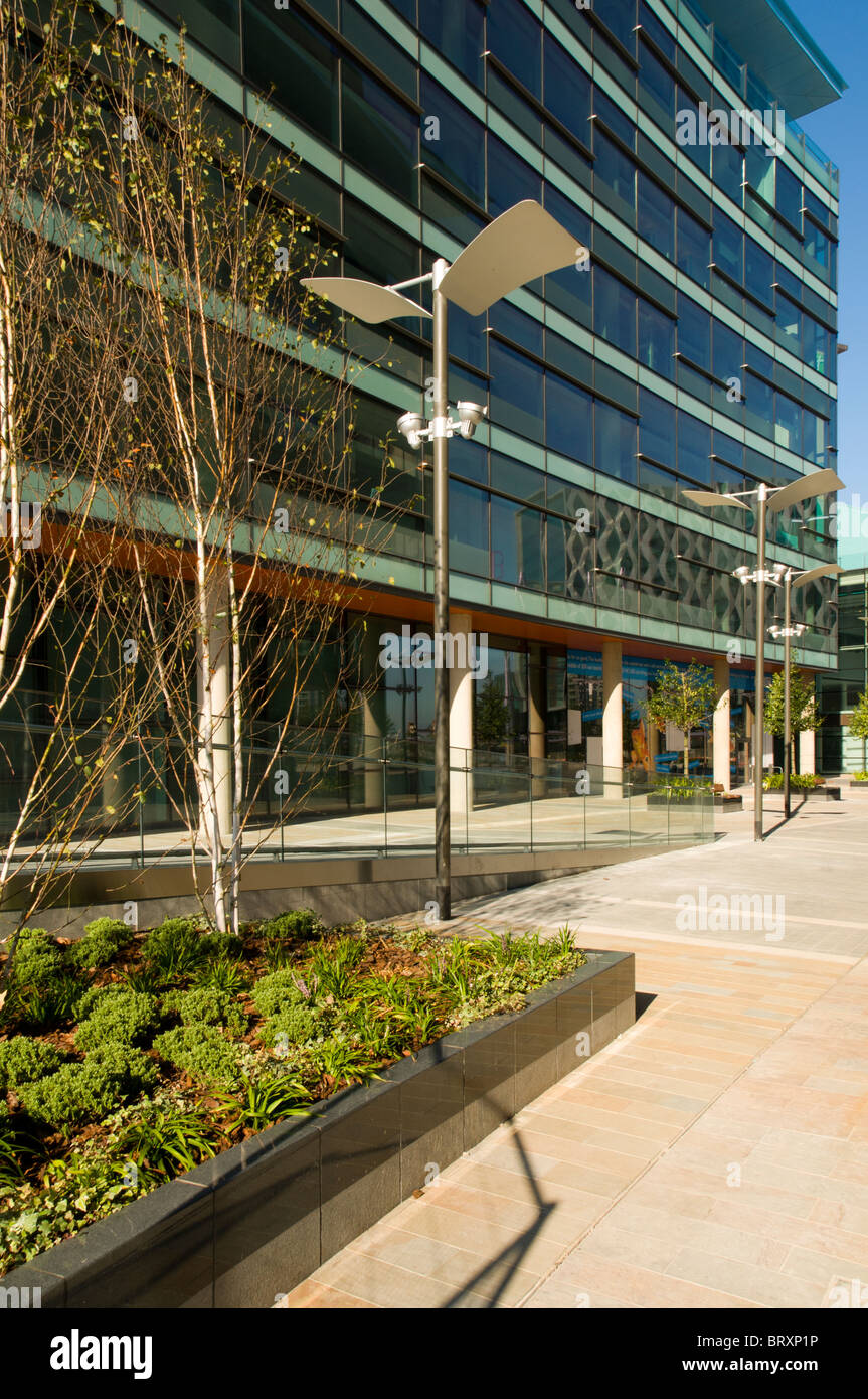 BBC Bridge House from the swing footbridge ramp at MediaCityUK, Salford ...