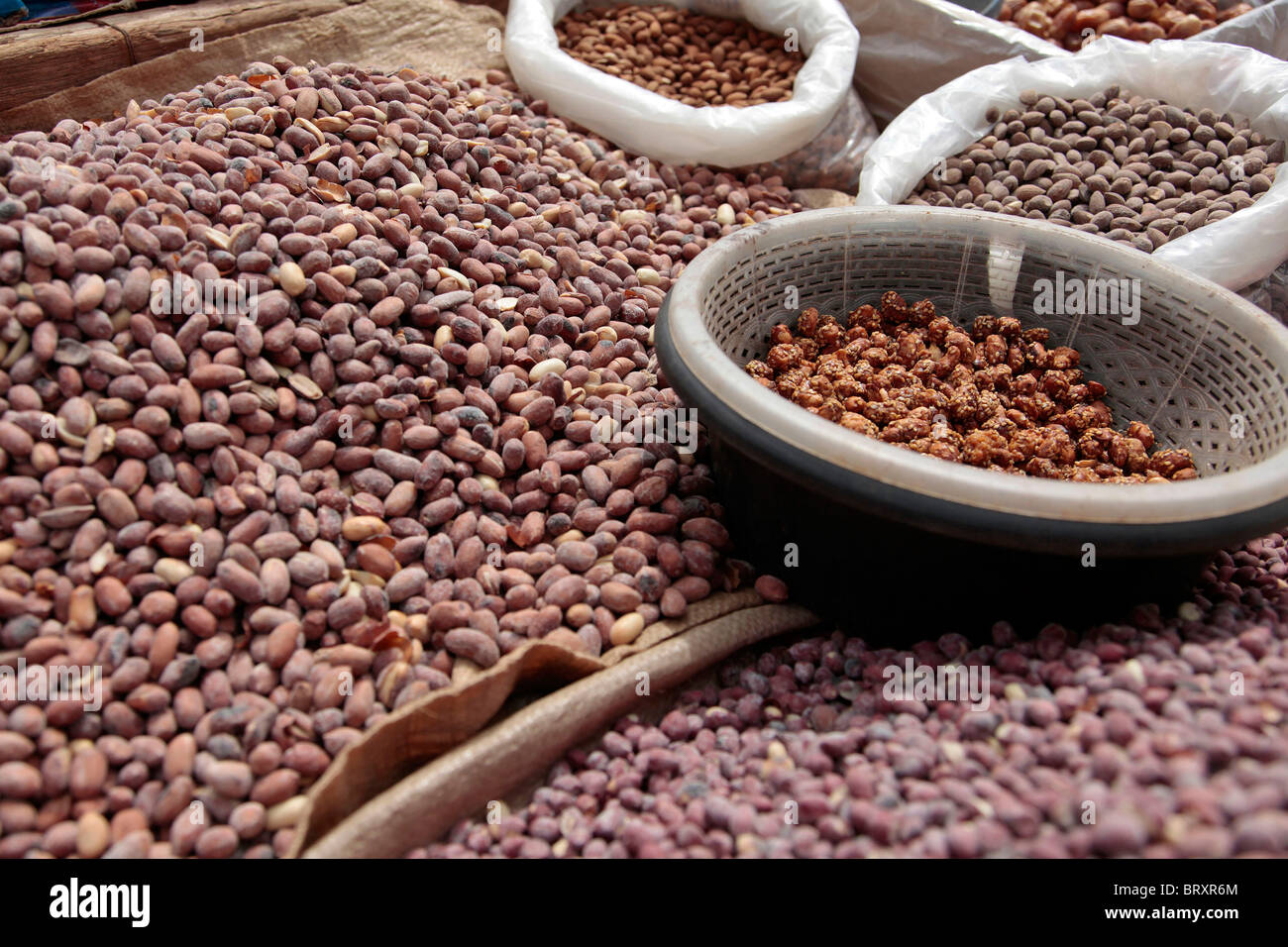 DRIED FRUIT STAND (ALMONDS, PEANUTS) IN THE BERBER MARKET OF TAHANAOUTE ...