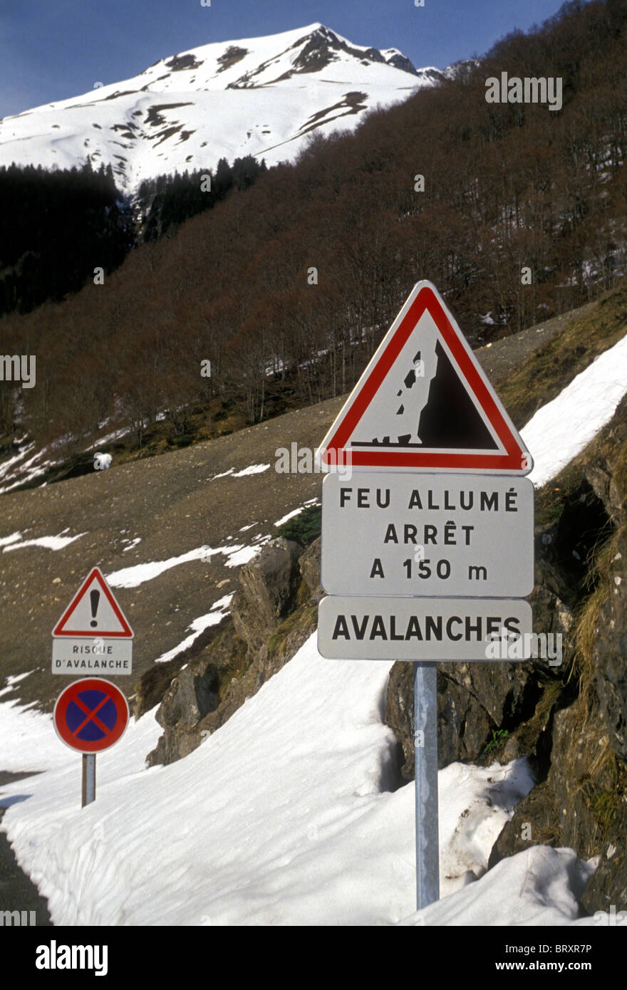 Sign, avalanche warning, falling rock, Pyrenees National Park ...