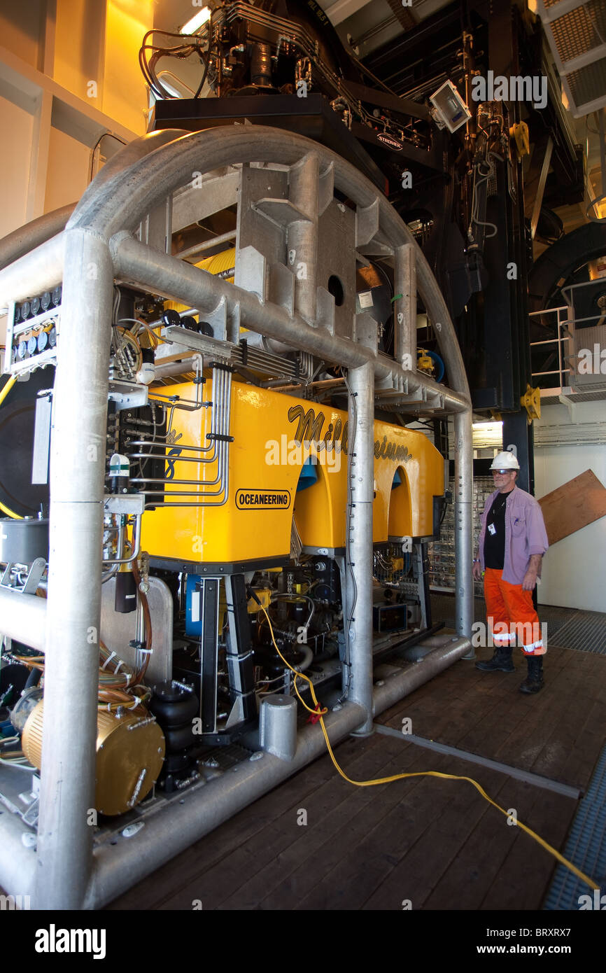 Rov vessel with "grab" implements stowed on board oilfield intervention ...