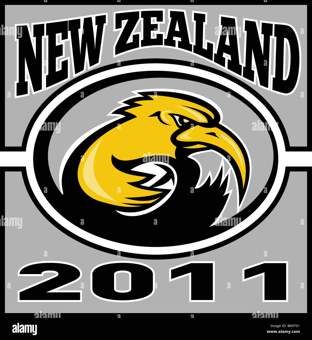 illustration of a kiwi rugby mascot player running with ball with words ...