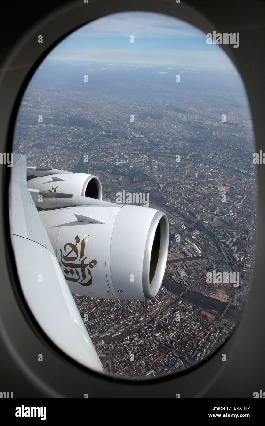 JET ENGINES AND WING OF AN AIRBUS A380 BELONGING TO EMIRATES AIRLINE ON ...