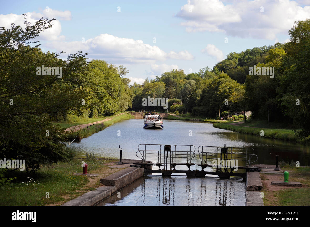 Boat at lock on Nivernais canal at Corbigny,Morvan national park,Nievre ...
