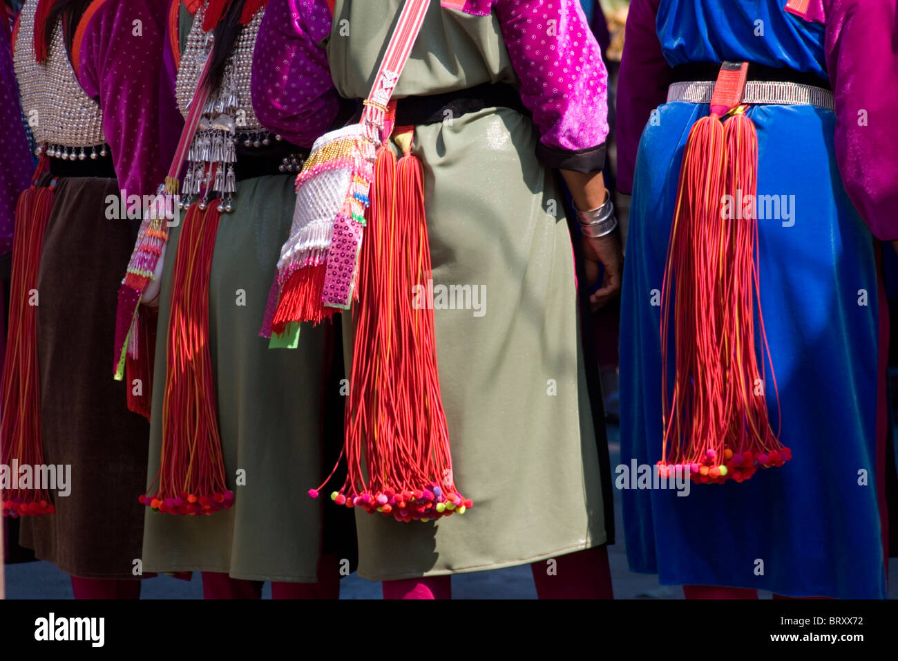 Ethnic Lisu women are wearing colorful traditional costumes a ceremony ...
