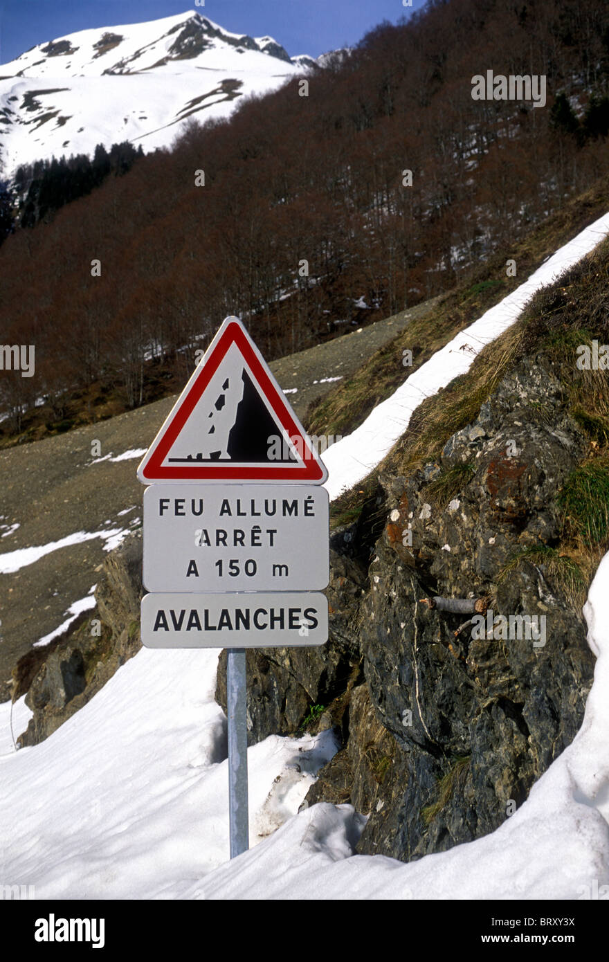 Sign, avalanche warning, falling rock, Pyrenees National Park ...