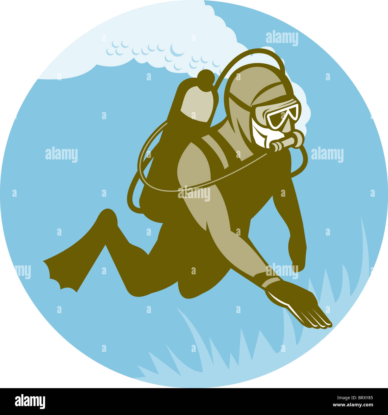 illustration of a scuba diver diving underwater facing front set inside ...