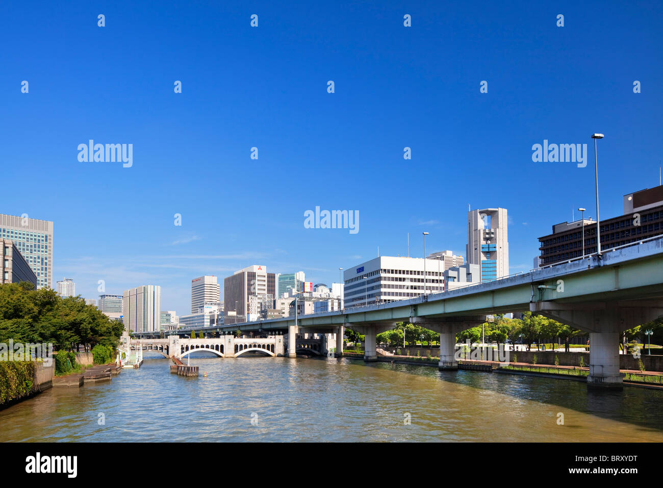 Office buildings, Suisho bridge and Dojima river, Osaka Prefecture ...