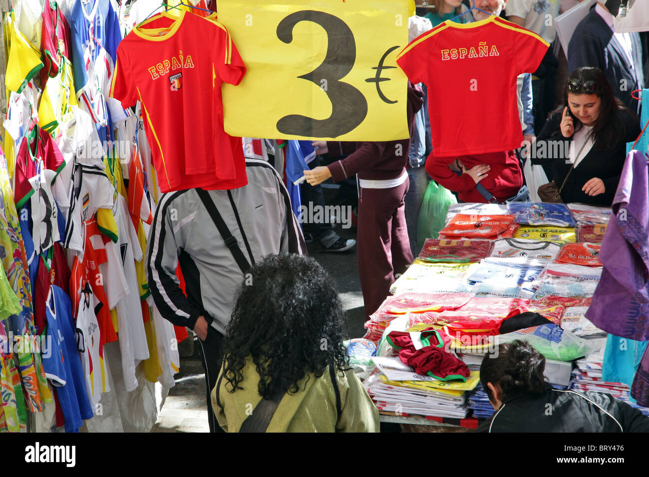 STAND SELLING T-SHIRTS IN THE SPANISH COLORS, FLEA MARKET, THE RASTRO ...