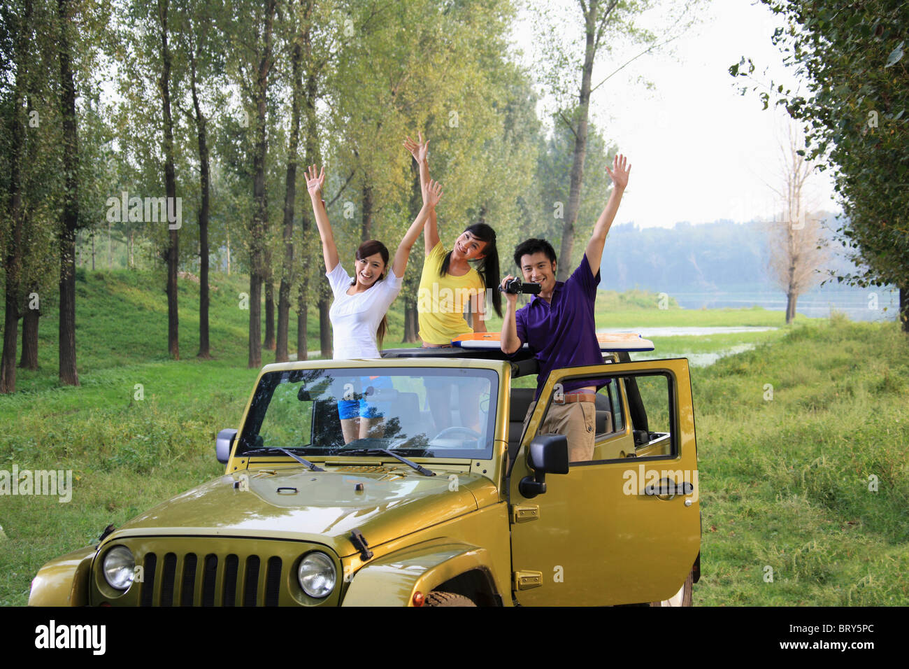 Young people waving hands standing in car Stock Photo - Alamy