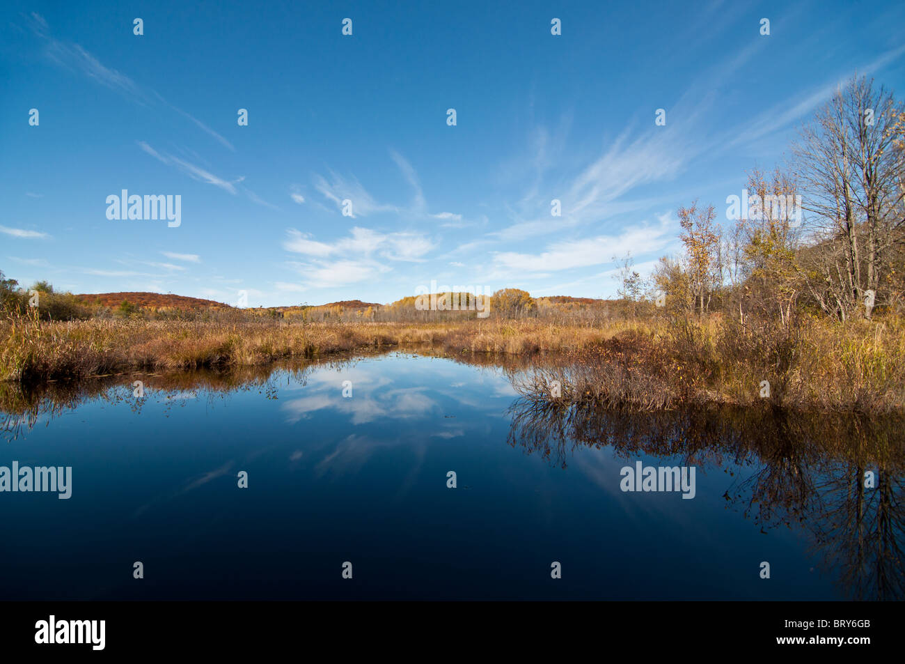 An autumn landscape with a deep blue pond that reflects the clouds and ...