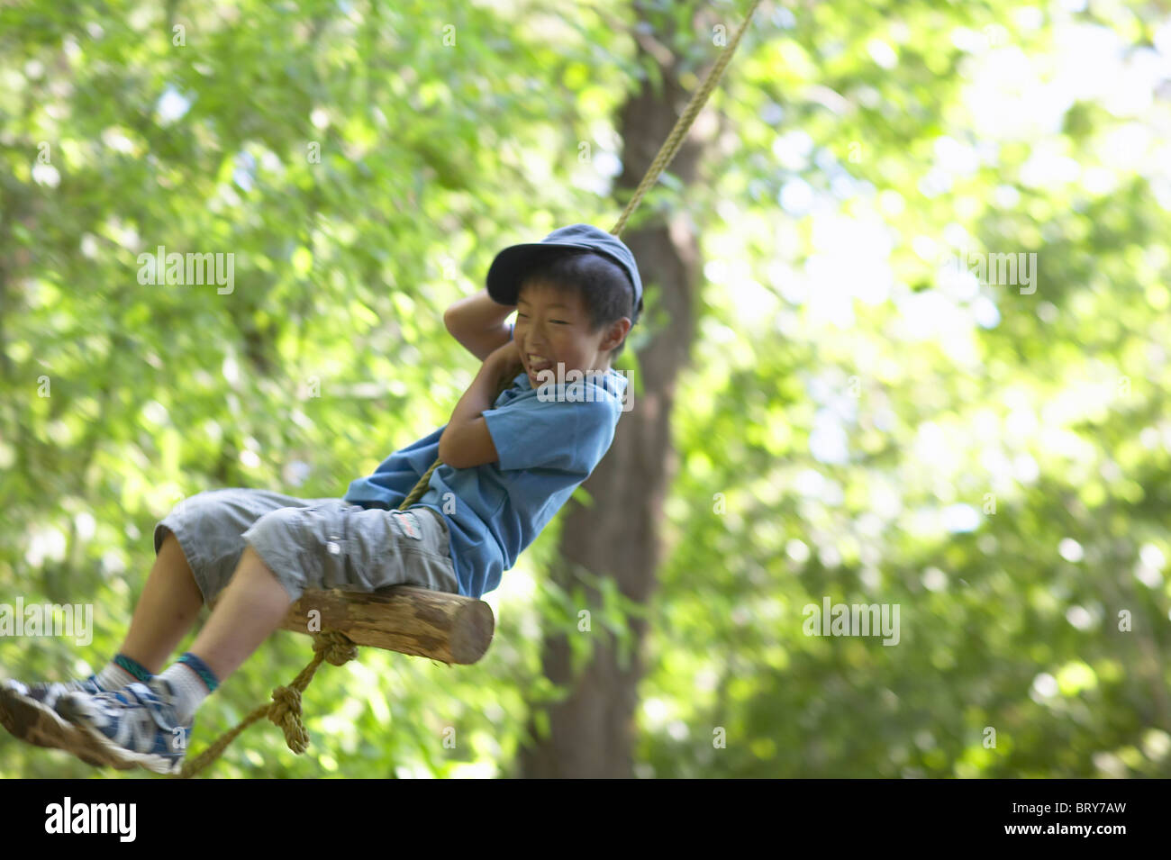 Boy on tree swing smiling Stock Photo - Alamy