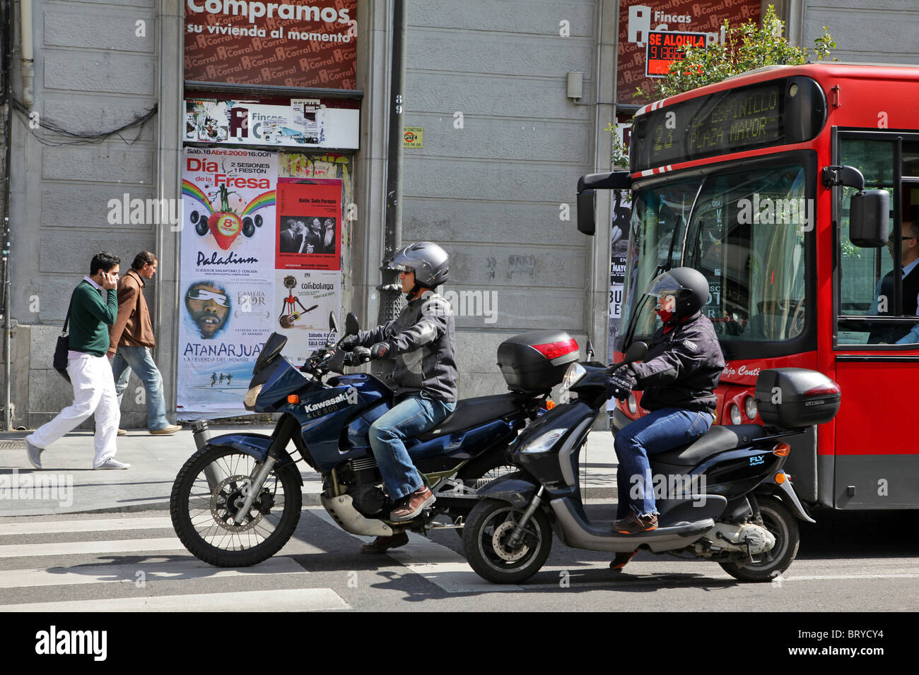 STREET SCENE WITH PEDESTRIANS, MOTORCYCLES AND BUS, LATINA NEIGHBORHOOD ...