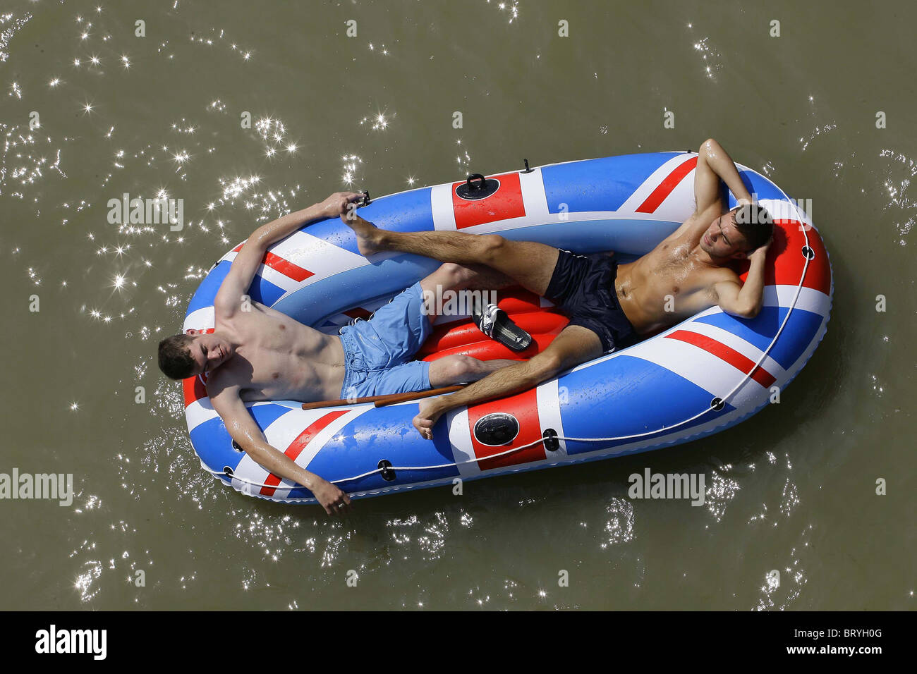 Boys in a Union Jack rubber dingy. Picture by James Boardman Stock ...