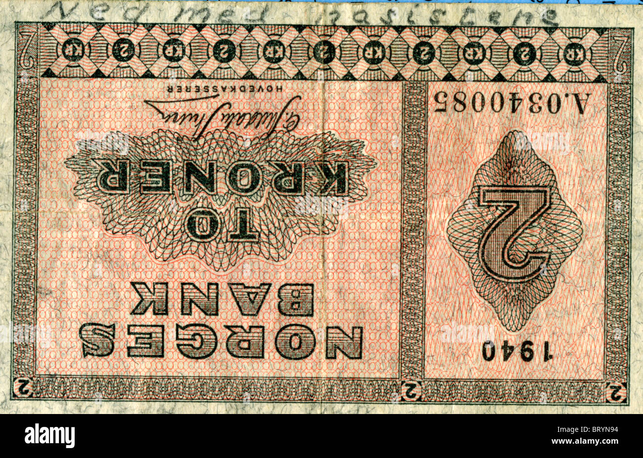 Norway banknote issued in 1940 during the war, with anti-nazi slogan ...