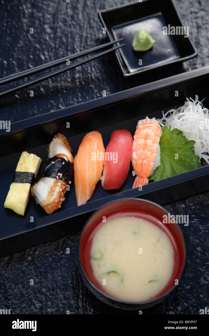 Nigiri sushi with wasabi and miso soup Stock Photo - Alamy