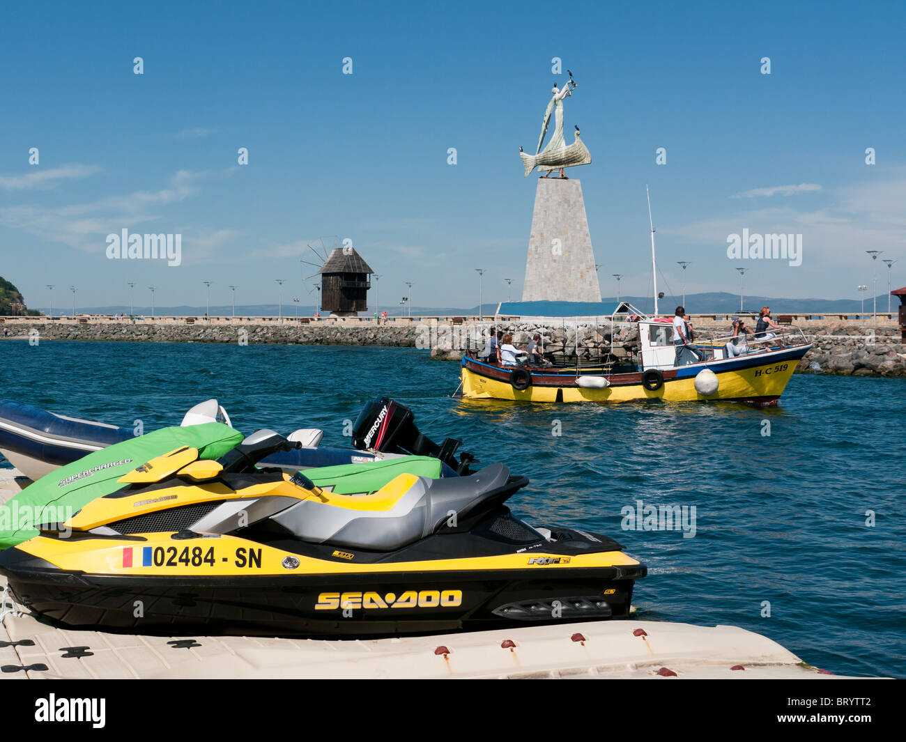 Boats in Nessebar Bay and Harbour, Bulgaria, with Statue of St ...
