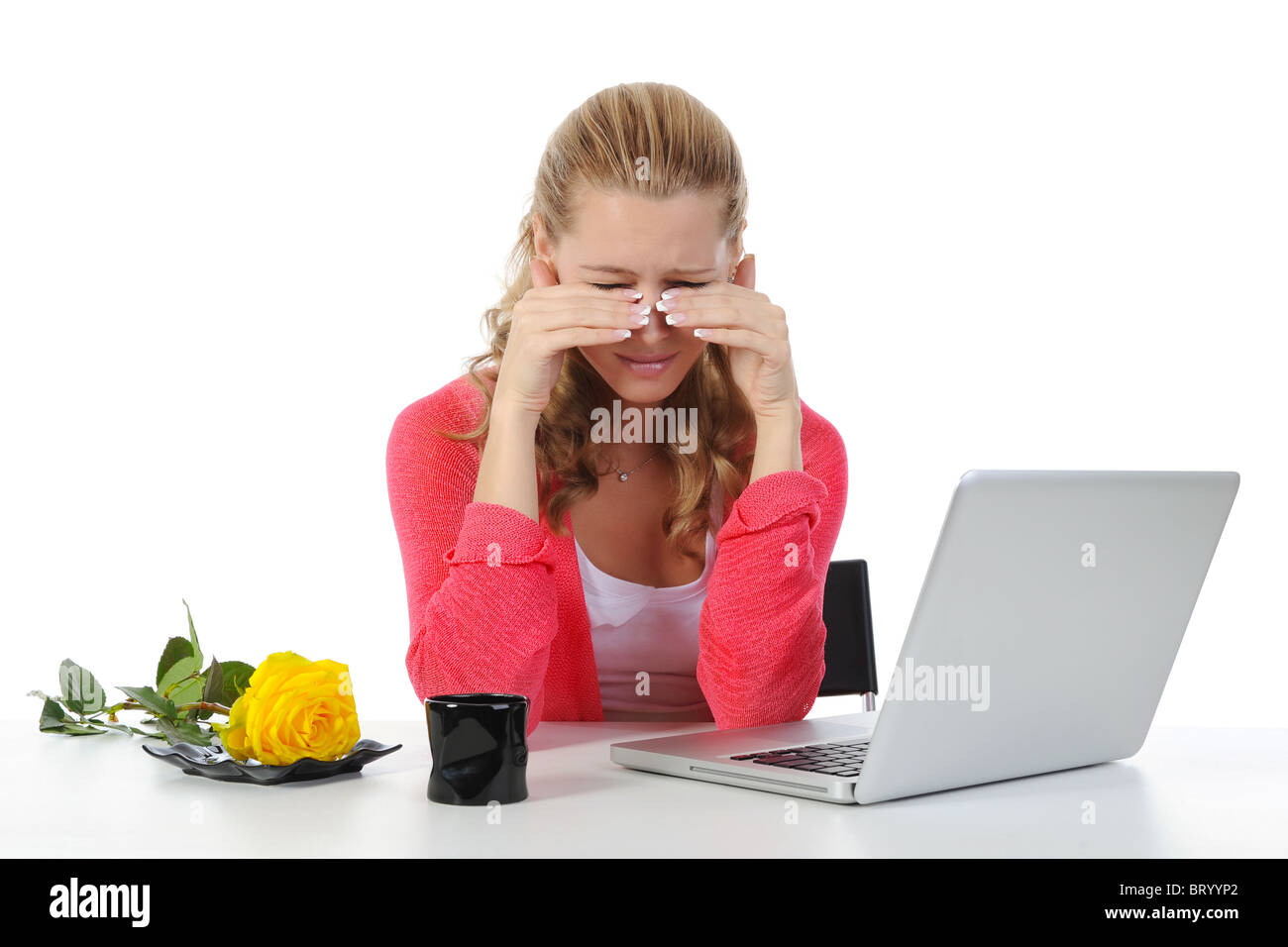 Weeping woman at a computer Stock Photo - Alamy
