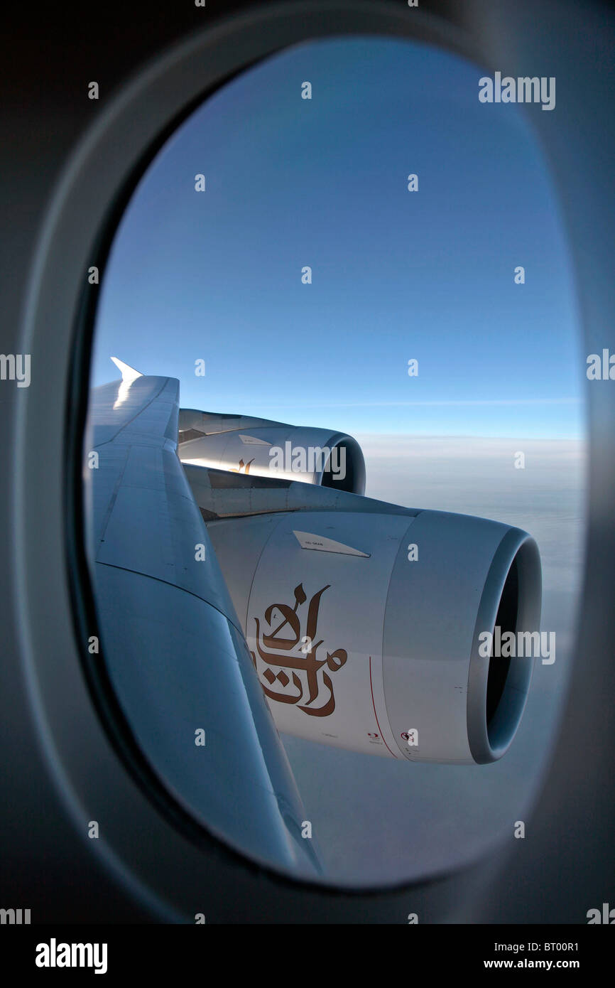 JET ENGINES AND WING OF AN AIRBUS A380 BELONGING TO EMIRATES AIRLINE ON ...