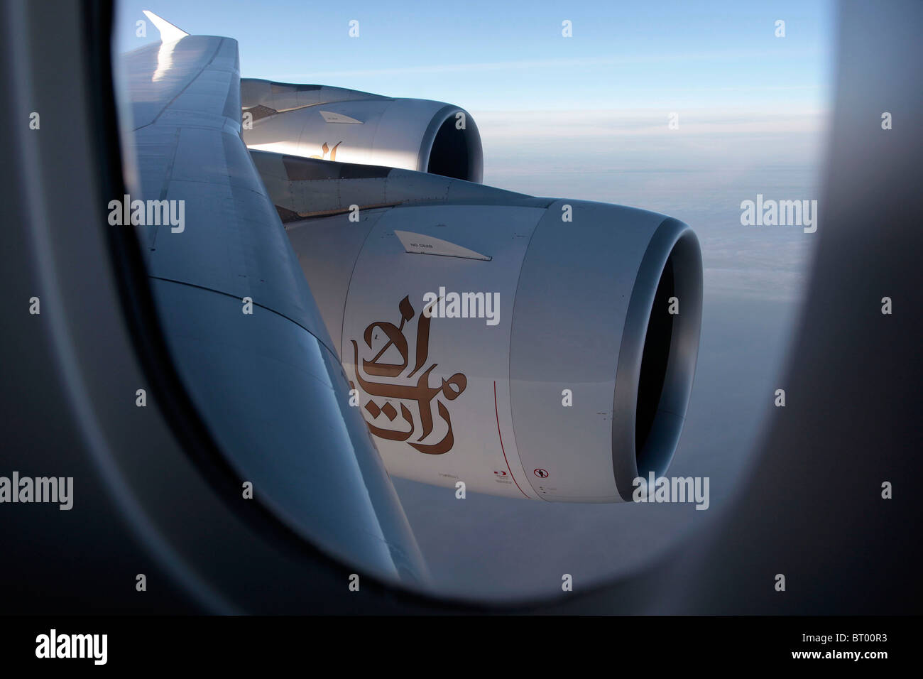 JET ENGINES AND WING OF AN AIRBUS A380 BELONGING TO EMIRATES AIRLINE ON ...