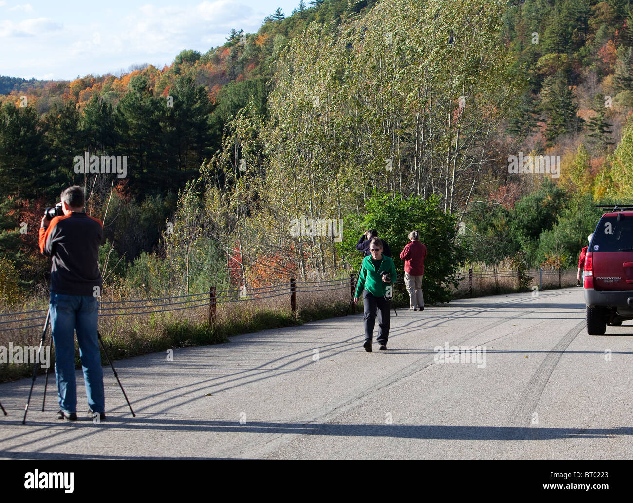 A group of photographers shooting fall foliage from a rest stop ...
