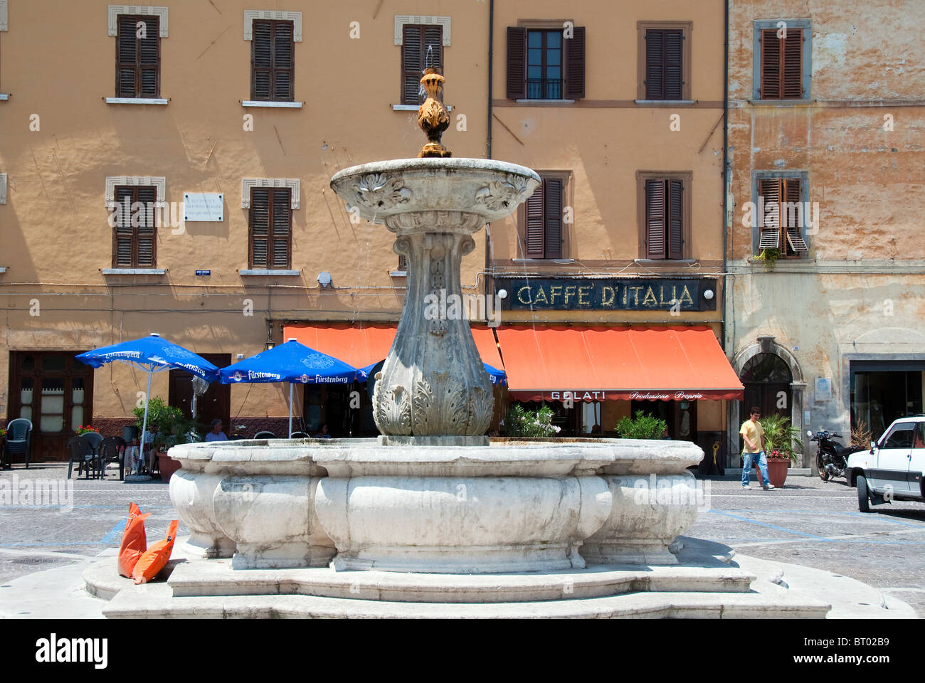 Typical Italian bar in a Piazza in Cagli in Le Marche region of Italy ...